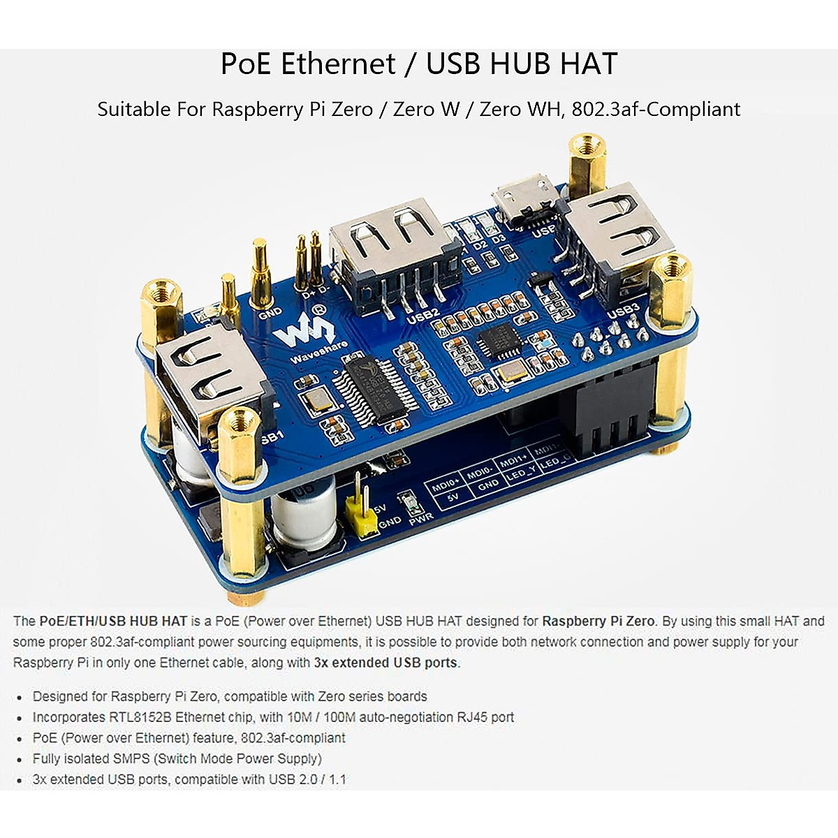 Bicool Power Over Ethernet (PoE) Ethernet/USB HUB HAT for Raspberry Pi Zero/Zero W/Zero WH, 3X USB 2.0 Ports, RJ45 Ethernet Port 802.3af-Compliant