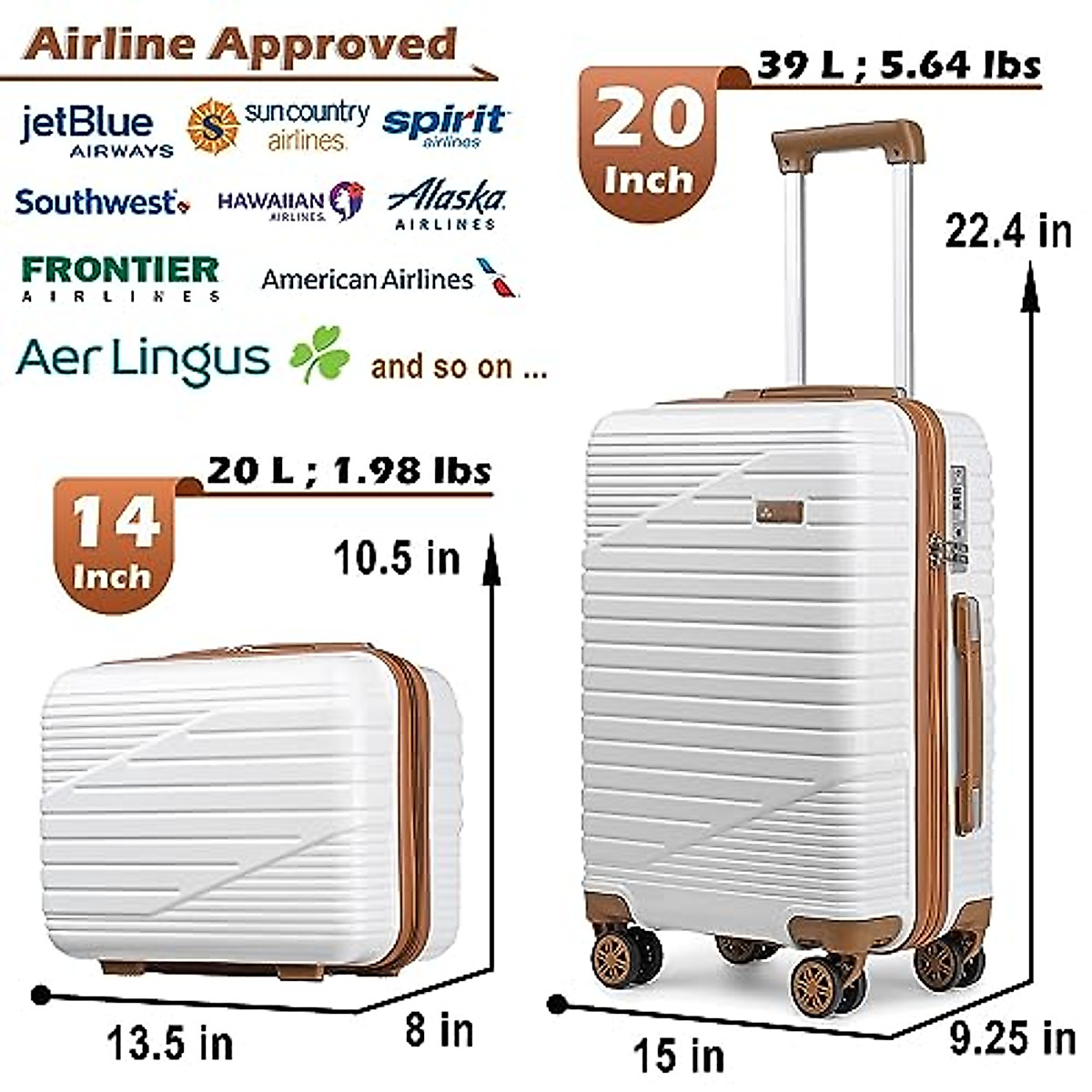 Somago 22x14x9 Carry On Luggage 20 Inch Suitcase with Cosmetic Case Lightweight Hard Shell Luggage PC Suitcase with TSA Lock Airline Approved Luggage (White)