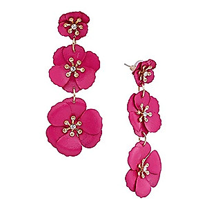 NVENF Flower Dangle Earrings for Women Tiered Petal with Crystal Center Triple Flowers Dangling Earring Fashion Jewelry Stud Drop Earrings(Hot Pink)