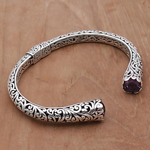 NOVICA Artisan Amethyst Cuff Bracelet and 925 Sterling Silver Spiral Motif Purple Indonesia Birthstone [6.25 in L (end to End) x 0.3 in W] ' Spiral Engagement'