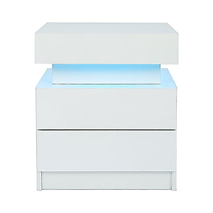 CuisinSmart Led Nightstand, Bedside Table Cabinet with Lights High Gloss End Side with 2 Drawers, White Smart Nightstand Flip-Top Hidden Storage Space for Bedroom White As Shown