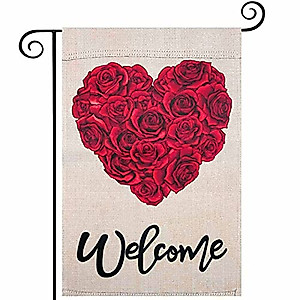 Welcome Valentines Day Garden Flag, hogardeck 12.5x18 Inch Vertical Double Sided Rose Heart Yard Flag, Farmhouse Rustic Outdoor Valentines Day Decor