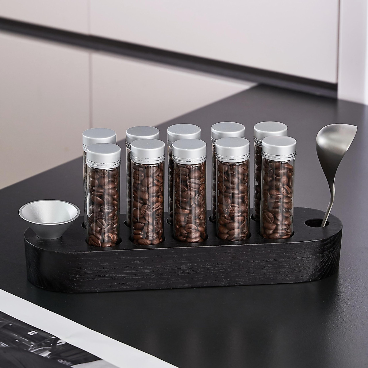 Coosigar Coffee Bean Container, Single Dose Coffee Bean Storage,10PCS Coffee bean cellar container with black wooden stand and funnel coffee spoon.(Black wood+Silver lids)