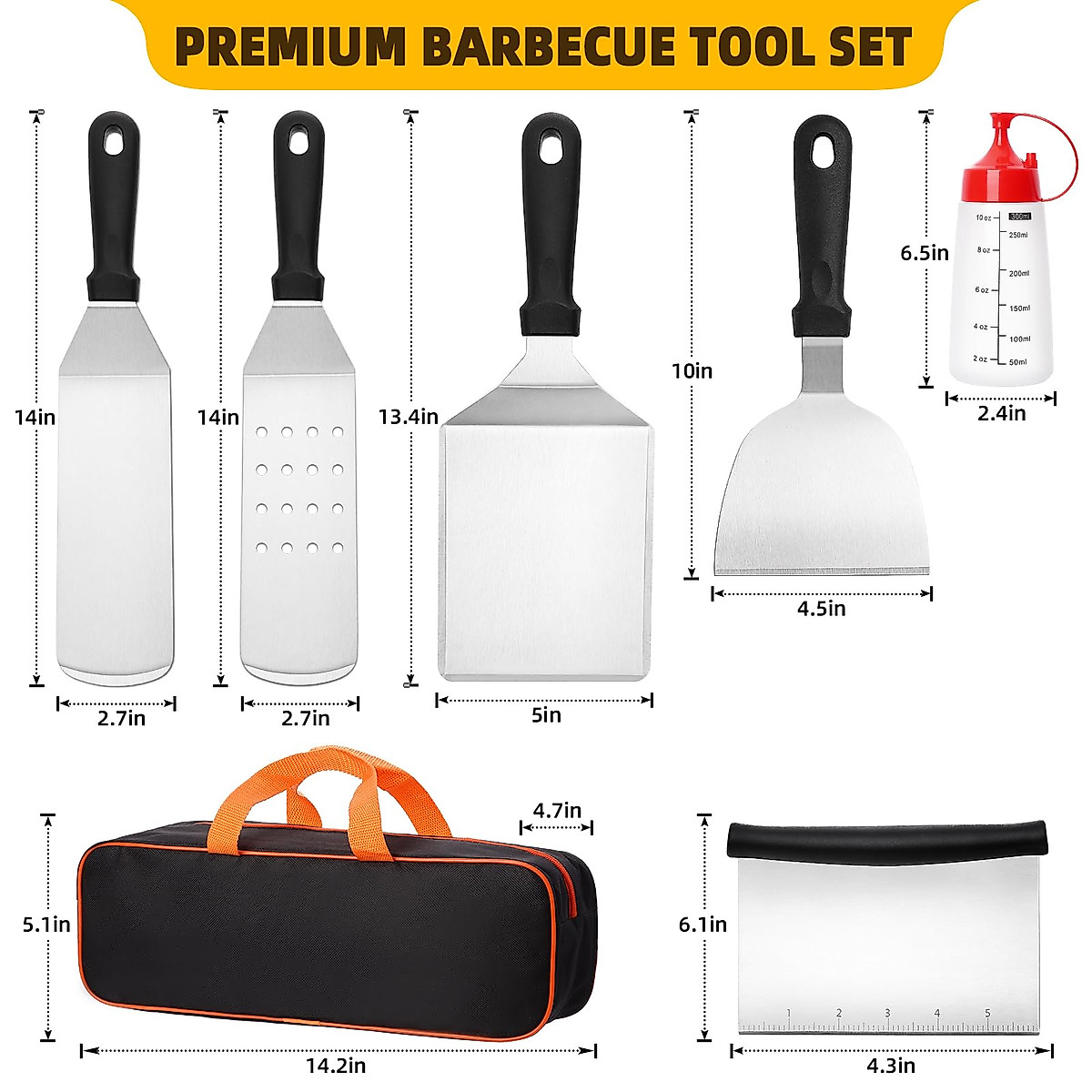 AIKWI 8PCS Griddle Accessories Tool Kit, Flat Top Grill Spatula Set for Blackstone and Camp Chef, Included Turner, Scraper, Chopper, Bottles, Carry Bag, Perfect for Outdoor BBQ, Indoor Cooking