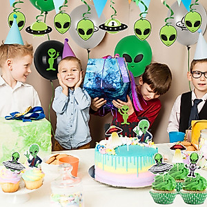 Whaline 53Pcs Alien Birthday Party Decorations Set Alien Balloons Assorted Alien Cupcake Toppers Alien Birthday Banner Outer Space Saucer Balloons UFO Hanging Swirls for Alien Birthday Party Decor