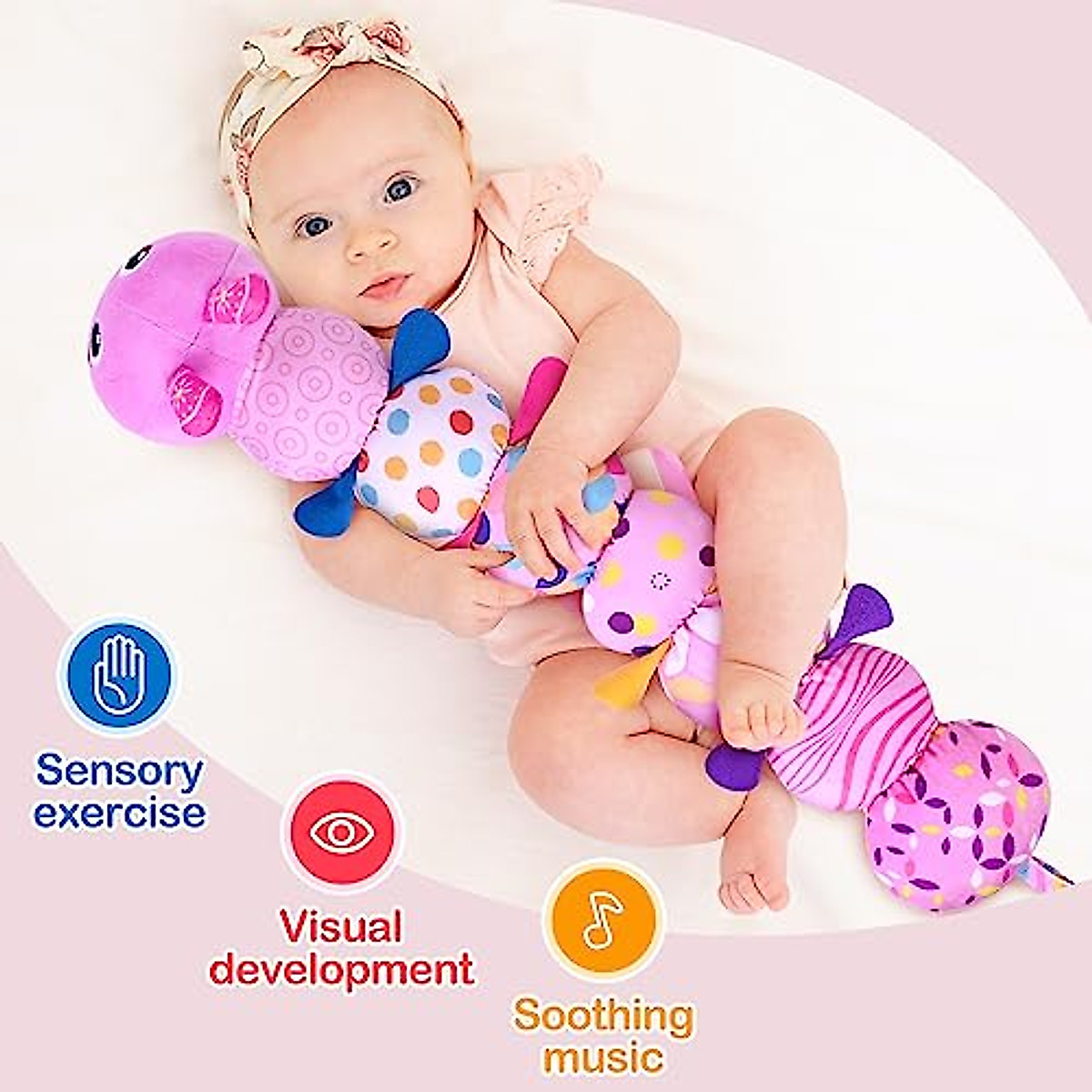 KMUYSL Baby Toys 0 to 12 Months, Musical Stuffed Animal Toys for 0-3-6-12 Months, Soft Sensory Toys with Crinkle and Rattles, Infant Tummy Time Toys for Newborn Boys Girls, Caterpillar, Pink