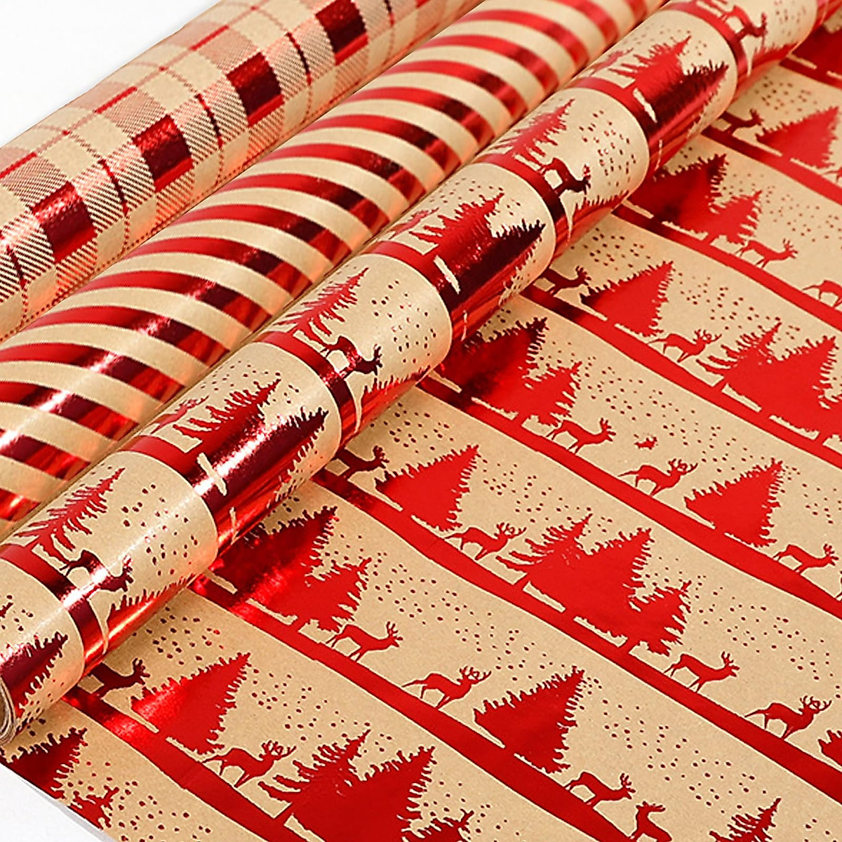 Win Change Christmas Wrapping Paper Rolls, Kraft Christmas Gift Wrapping Paper Set Vintage Wrapping Paper for Boys Men Women Girls 17 Inch X 10 Ft X 3 Roll(Christmas tree deer 42 Sq.Ft.Ttl)
