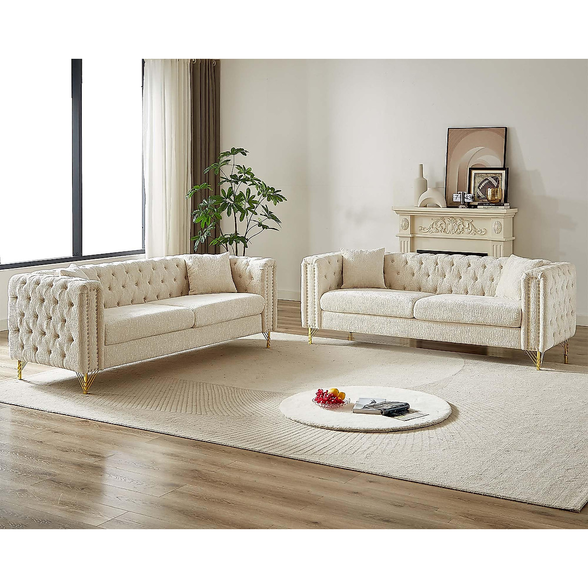 Antetek 2 Piece Living Room Furniture Sets, Modern Chenille Couch and Loveseat Sofa Set, Upholstered Buttons Tufted 3 Seater Sofa Couches W/Copper Nail for Living Room, Bedroom, Beige