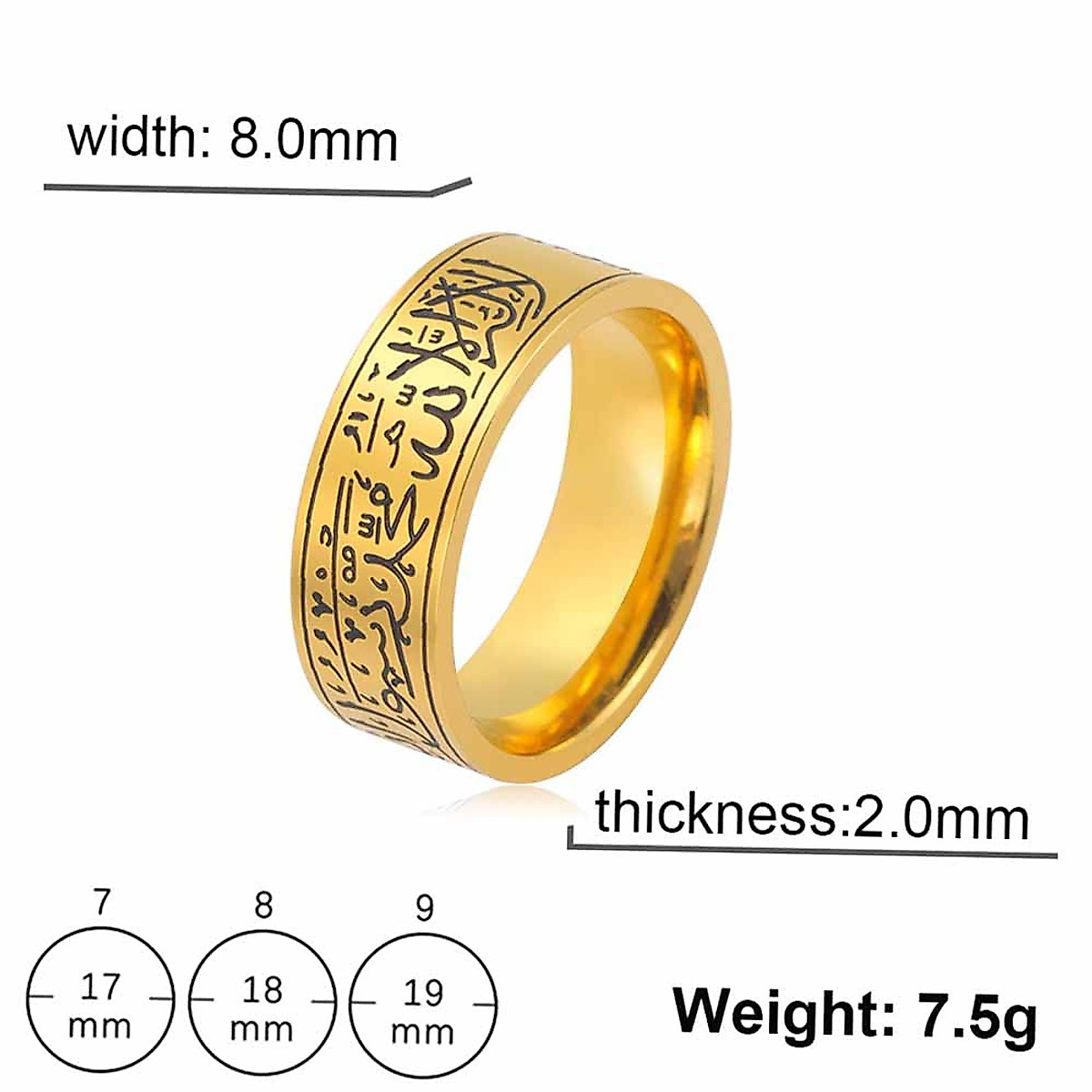 UNIFT Ring For Men Women 8MM Islam Muslim Allah Stainless Steel Wide Ring Islamic Muslim Prayer Religious Ring Jewelry (7, Gold 1 style B)