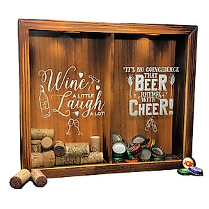 Wine Cork & Beer Cap Holder Shadow Box, Wall Mounted or Free Standing, Wine & Bar Decor for Him & Her, Rustic Stained Wood, 11" x 13"