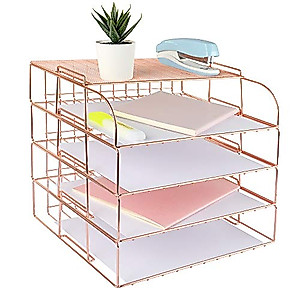 Spacrea Letter Tray, 4 Tier Rose Gold Desk Organizers and Accessories for Women, Stackable Paper Tray Organizer Desk File Organizer with 1 Upper Display Shelf (Rose Gold)