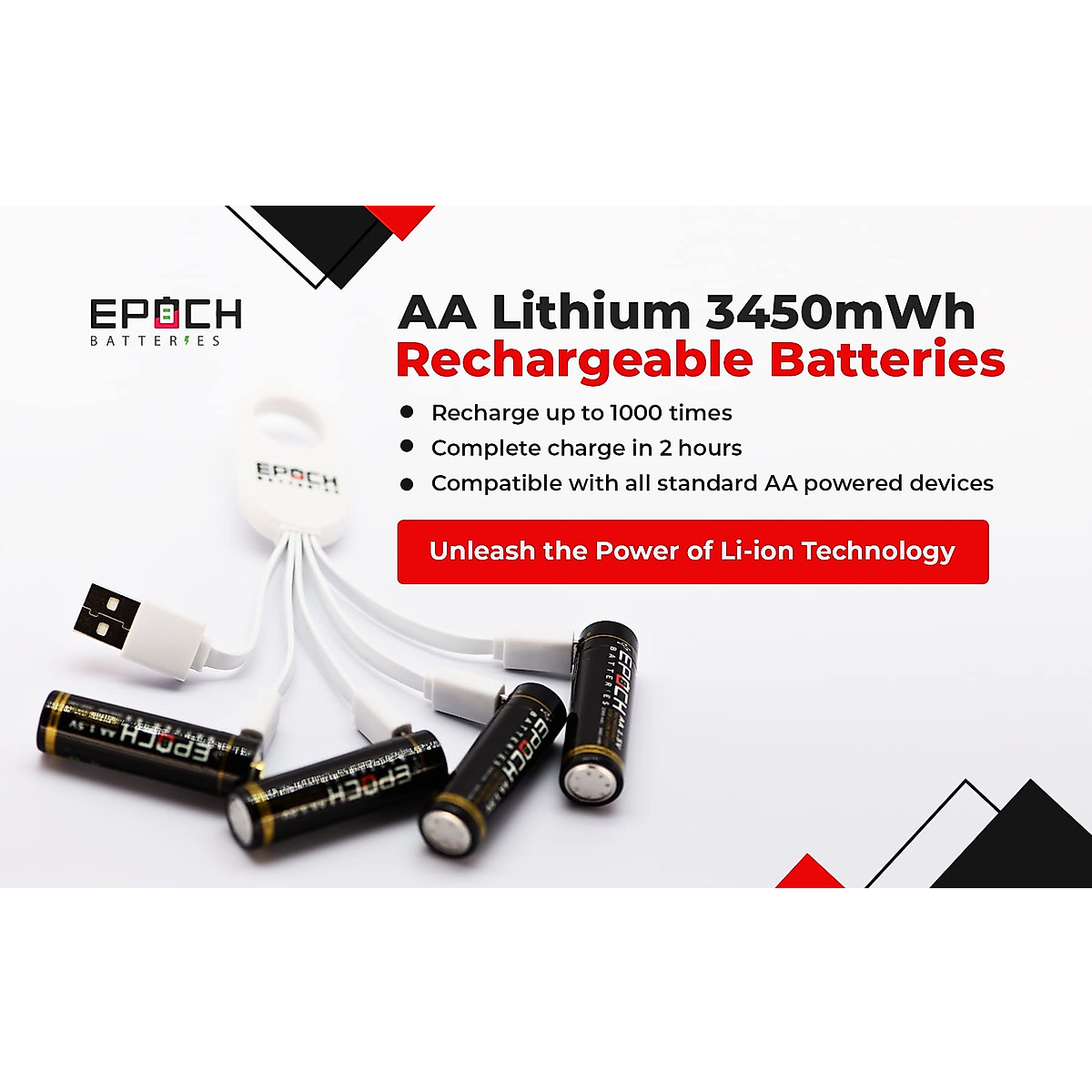EPOCH AA Battery 1.5V AA Lithium ion Batteries 3450mWh High Capacity with Micro USB Cable, 2 Hours Quick Charge USB AA Rechargeable Batteries 4 Packs