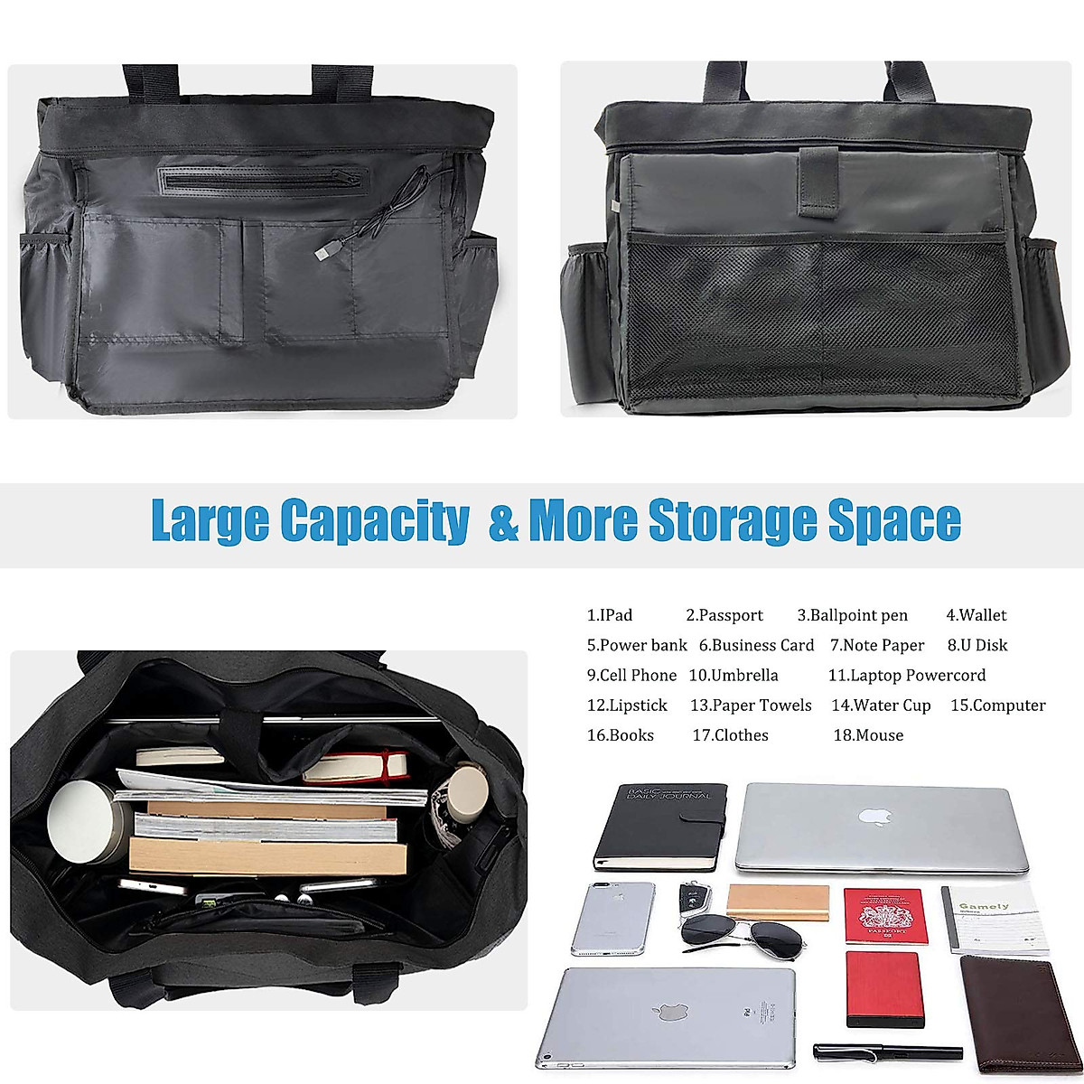 BAJNOKOU Tote Bag for Women Large Work Bags Laptop 15.6-17 Inch Handbag Purse Book Bag with Zipper for Nurse Teacher School,Black