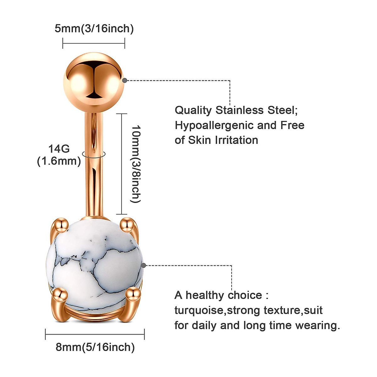 JFORYOU 5 Pcs Belly Button Rings Stainless Steel for Women Navel Rings 5 Style 14G Navel piercing Rose Gold Color Body Piercing Jewelry