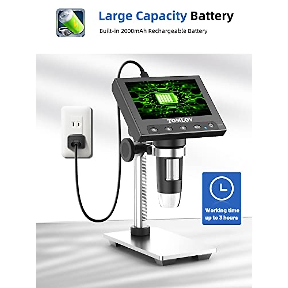 TOMLOV DM4 Coin Microscope 1000X with 4.3" Screen, 720P LCD Microscope with Metal Stand, 8 Adjustable LED Lights, PC View for Kids Adults, Windows Compatible, 32GB TF Card Included