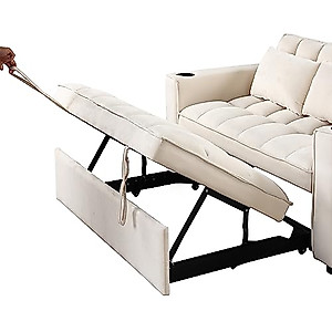 FULife 58" Convertible Sofa Couch with Pull-Out Sleeper,Adjustable Loveseat Armchair Single Bed Chair with Cup Holder,USB Port,Side Pocket&Pillows for Living Room/Apartment/Office/Studio/Small Place