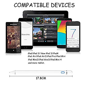 DOGAIN Active Stylus Pen for Android,iOS, iPad/iPad 2/New iPad 3/iPad4/iPad Pro/iPad Mini/iPad Mini 2/3 /4 and Most Tablet,1.5mm Fine Point Rechargeable Digital Stylus Pen（White）