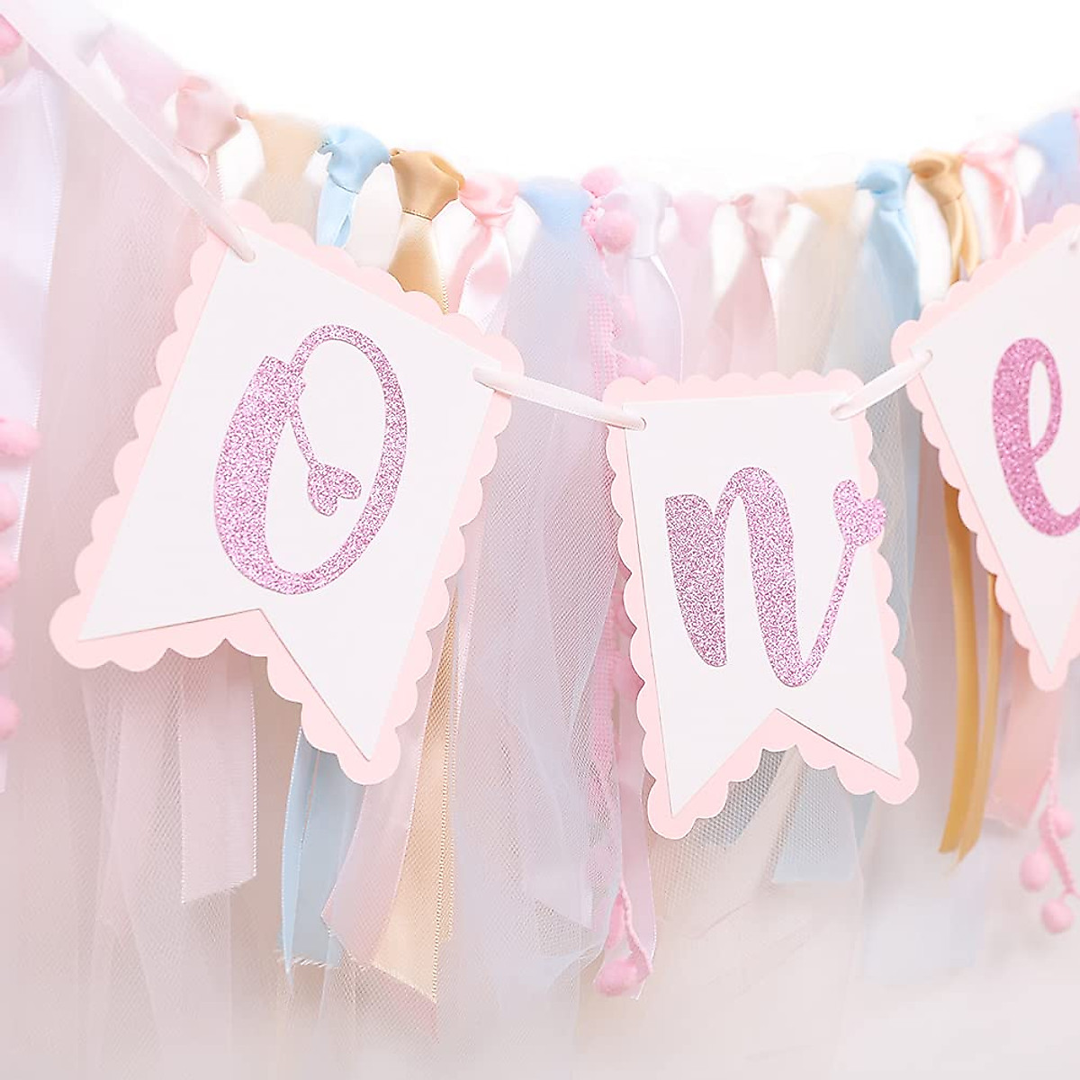 Pink Sweetheart One Birthday Banner - Pink Tutu Skirt High Chair Banner , 1st Birthday Party Gifts for Girls , Winter Onederland 1st Birthday Girl Decorations , Pastel Tassel Banner Ribbons