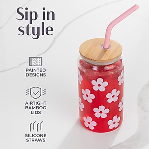 Drinking Glasses with Bamboo Lids - 16oz Glass Cups with Airtight Lid and Wide Silicone Straws - Set of Four - Can Shape Glassware with Fun Designs