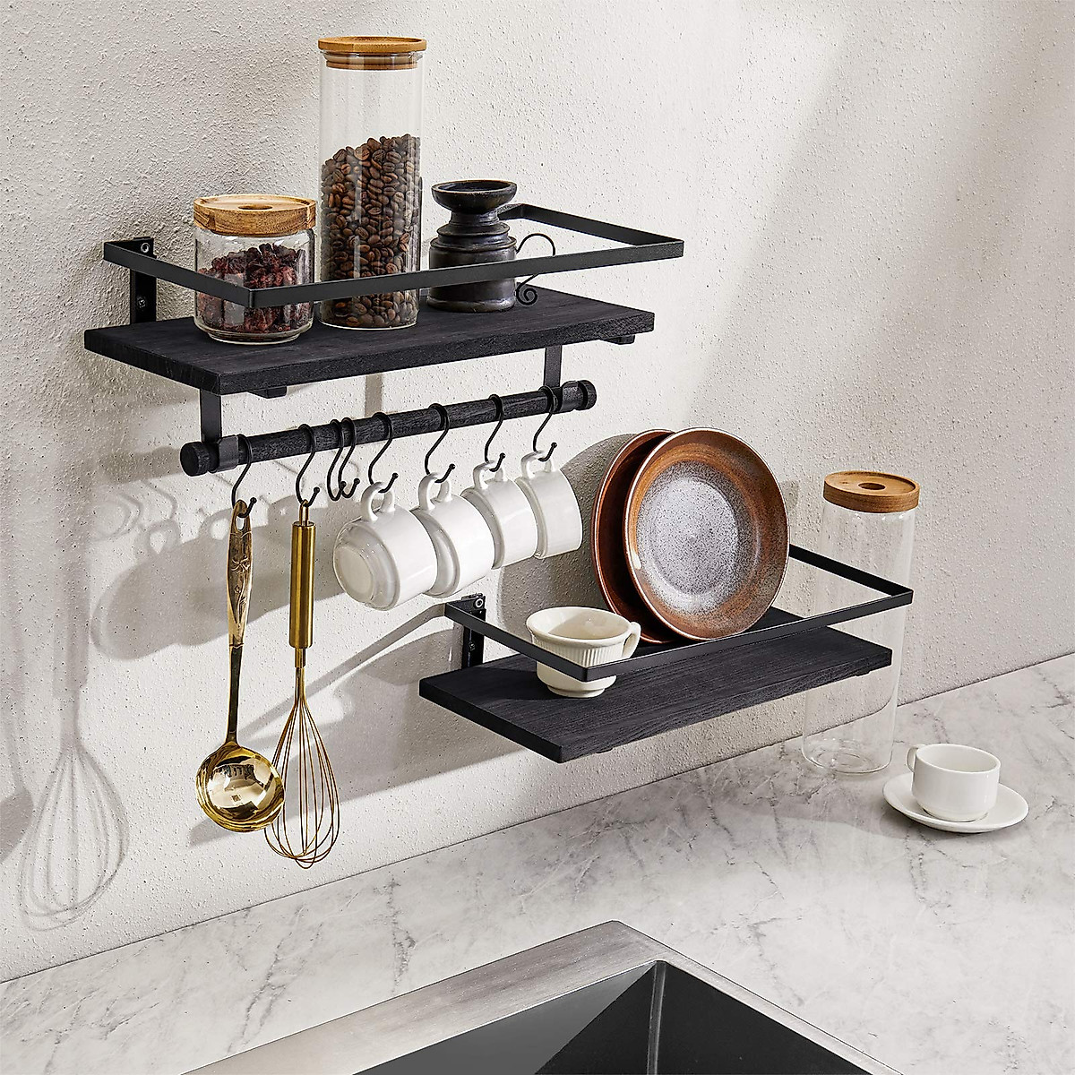 BAYKA Floating Bathroom Shelves for Kitchen Coffee Bedroom Decor, Wood Wall Mounted Rustic Floating Shelves for Home Storage, Over The Toilet Hanging Shelf with Hooks and Towel Bar, Set of 2