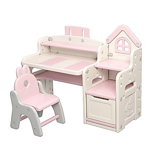 UNICOO Kids 3 in 1 Multifunctional Desk, Kids Activity Table, Children Height Adjustable Learning Desk, Toddler Drawing Table Art Table with Chair Set (QB-002-P Pink)