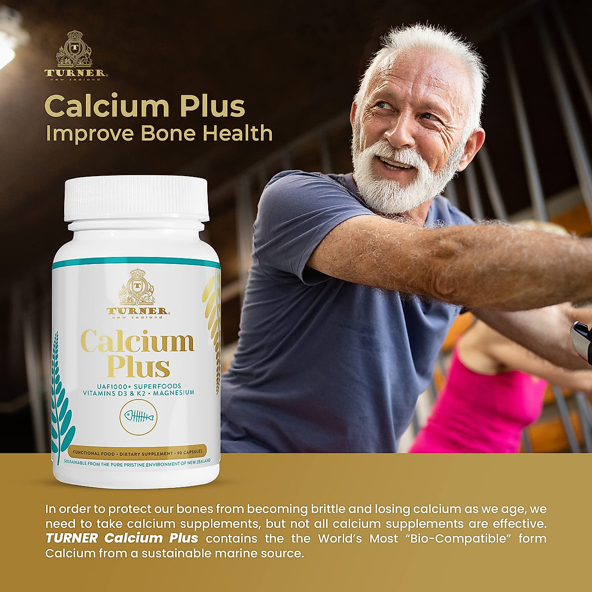 TURNER Calcium Plus, All-Natural Marine Calcium Supplement, with UAF1000+ Super Antioxidant, Magnesium + Vitamins K2 & D3, Supports Bone Density & Joint Health, 2 Bottles, 180 caps, 2 Month Supply