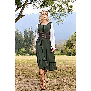 Renaissance Faire Costume Women Long Sleeve Midi Dress Modest Dress A Line Ruffle Medieval Dress Green L