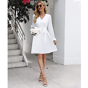 Kenaque Womens Long Sleeve V Neck Dresses for Wedding Guest Ruffle Lantern Sleeve Pleated Mini Dress with Belt Off-White