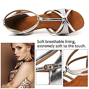 SWDZM Women Satin Latin Dance Shoes T-Strip Ballroom Salsa Chacha Performance Practice Dancing Shoes,809 Heel 3",Silver 7.5 US