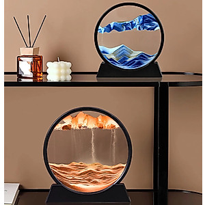 BGFJYUK Moving Sand Art Picture in Motion, Round Tempered Glass 3D Deep Sea Sandscapes with Display Flowing Sand Frame for Relaxing Desktop Home Office Work Décor for Kids Adults （Blue, 7inch