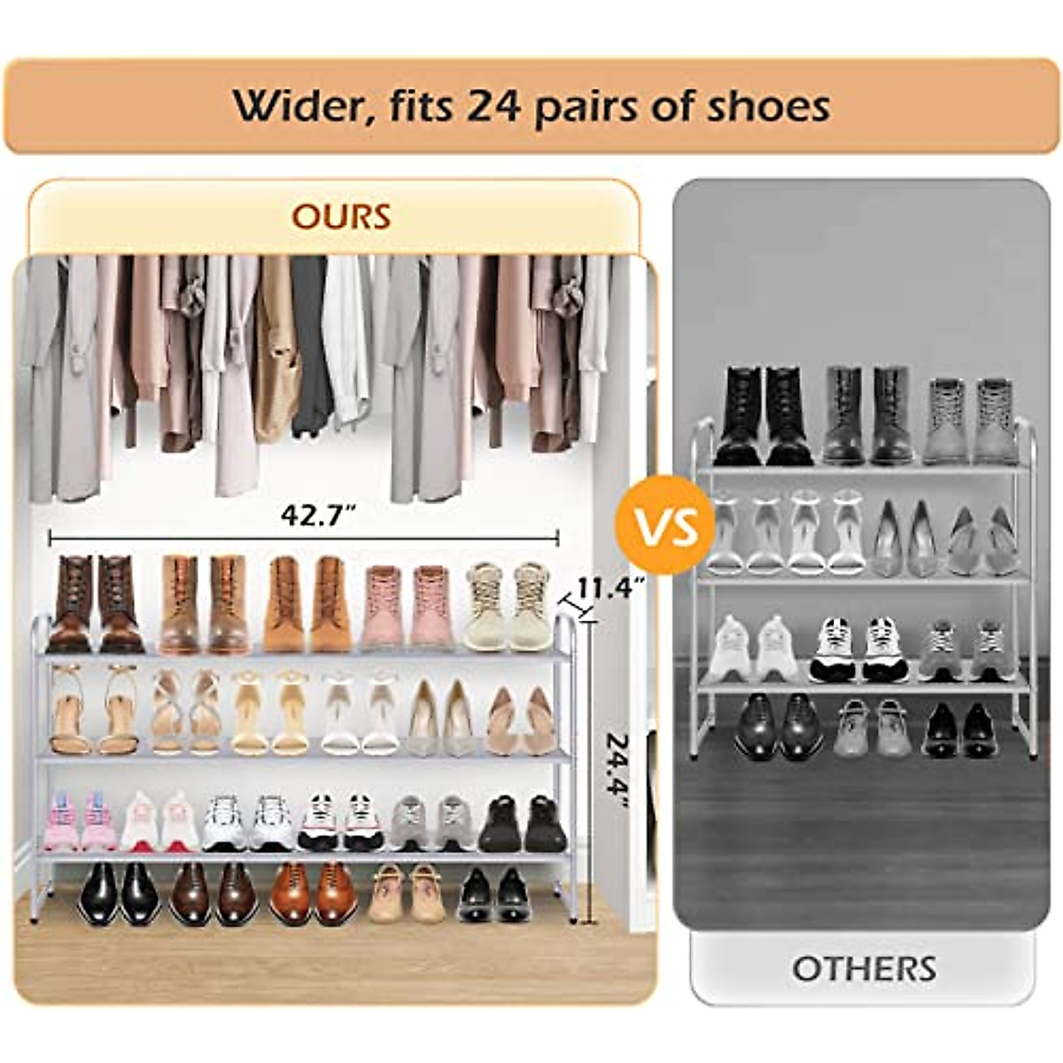 MISSLO 30 Large Pockets Dual Sided Hanging Shoe Organizer + Long 3 Tier Shoe Rack for Closet Shoe Organizer Storage Stackable Wide Shoe Shelf Holds 24 Pairs of Men Sneakers, Women Heels, Boots