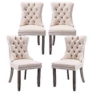 Kiztir Velvet Upholstered Dining Chairs Set of 4, Wingback Dining Room Chairs with Ring Pull Trim and Button Back, Luxury Tufted Dining Chair for Living Room, Bedroom, Kitchen (Beige)