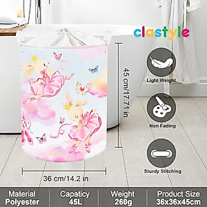 Clastyle 45L Fantasy Rabbit Ballet Dancer Collapsible Laundry Basket Pink Cloud Dancing Butterfly Dirty Clothes Hamper Round Toy Girls Storage Basket with Lid, 14.2x17.7 in