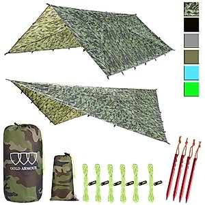 Gold Armour Rainfly Tarp Hammock, Premium 14.7ft/12ft/10ft/8ft Rain Fly Cover, Waterproof Ultralight Camping Shelter Canopy, Survival Equipment Gear Camping Tent Accessories (Camouflage 14.7ft x 12ft)