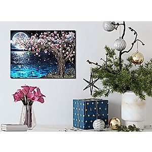Magnolia Tree Wall-Art For Bedroom - Pink And Blue Wall Decor - Moon Framed Canvas Art Picture 16" x 12"