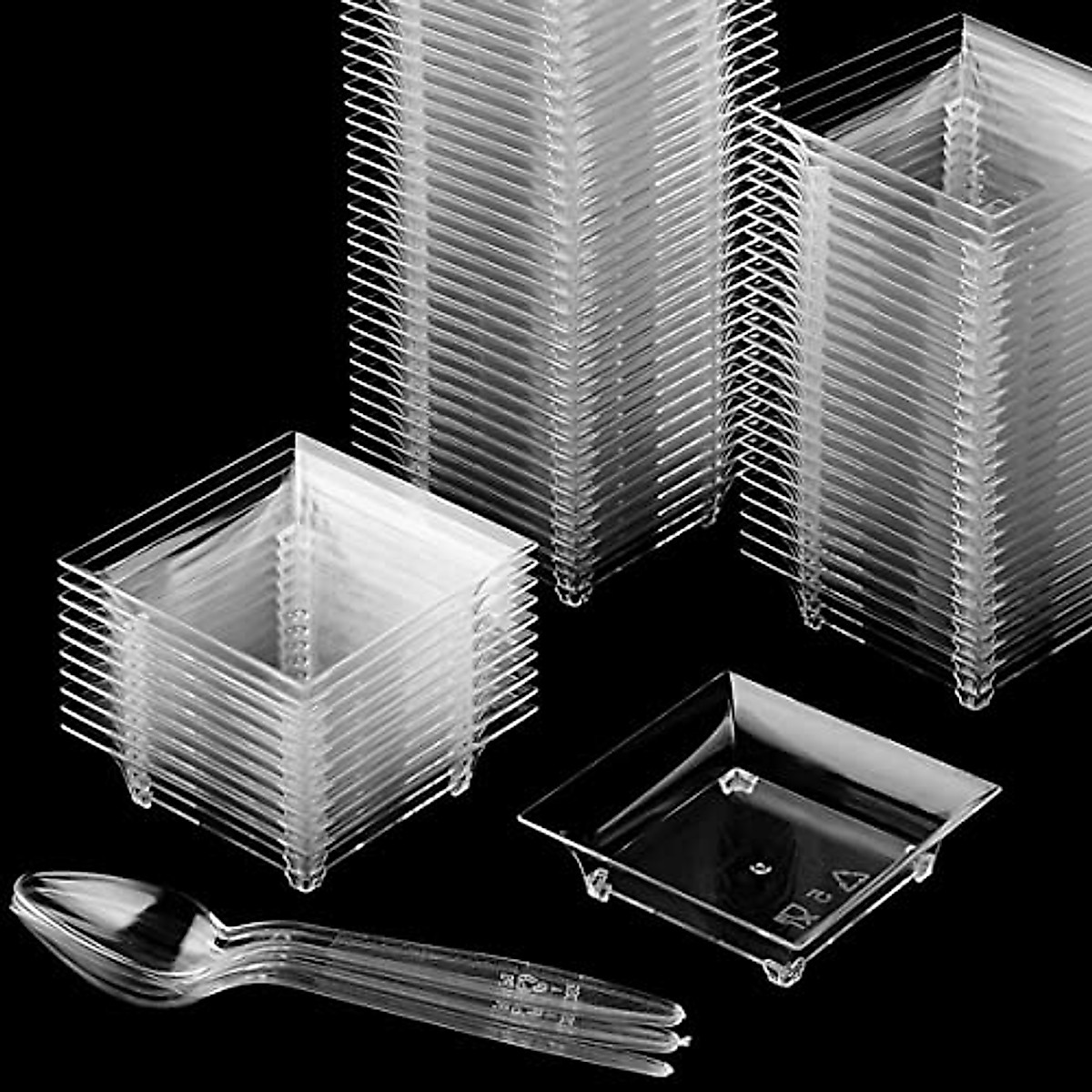 TOFLEN 100ct 1 oz Mini Dessert Plates with Tasting Spoons - Reusable Clear Plastic Square Party Serving Trays Mini Plates for Appetizers, Chocolates, Ice Cream, Fruit and More