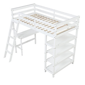 Bellemave Twin Loft Bed with Desk & Shelves for Teens Adults, Wood High Loft Bed Frame with Bookcase & Angle Ladder for Kids Boys Girls, Full-Length Guardrail, Twin Size, White