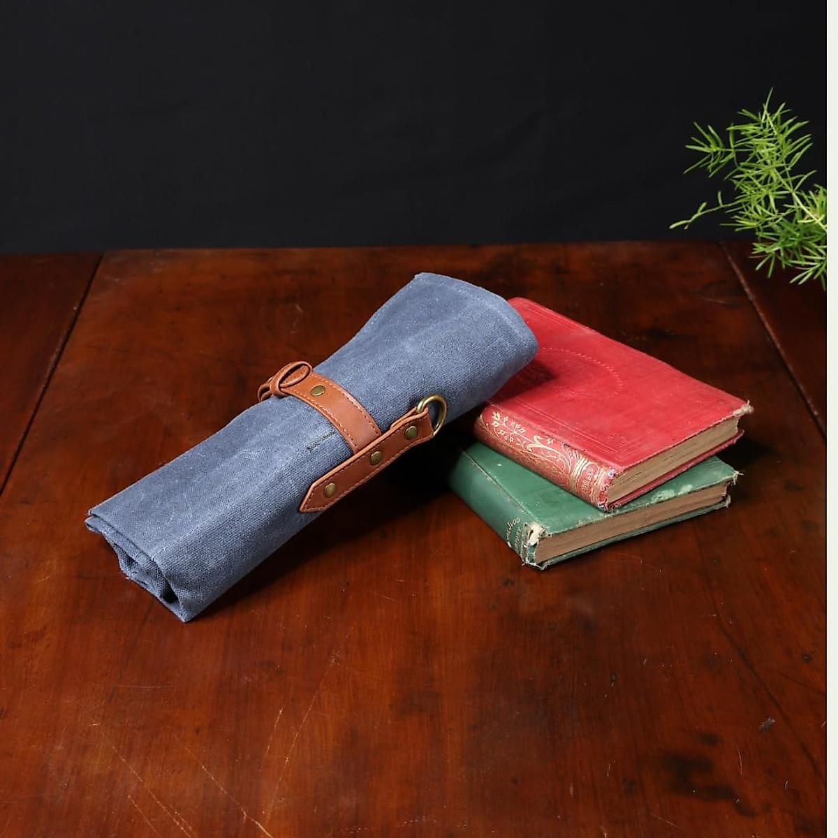 Earth & Fiber Co. Compact Waxed Canvas Paint Brush Holder - Portable Art Bag for Painting & Drawing - Art Supplies Organizer - Storage Roll Bag for Artists (blue)