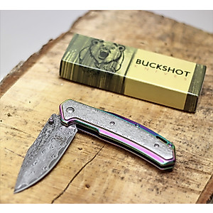 Buckshot Knives Thumb Open Spring Assisted Stainless Steel Titanium Handle with 3D Etched Inlay, Etched Damascus Wave Blade Pocket Knife (PBK215RW)