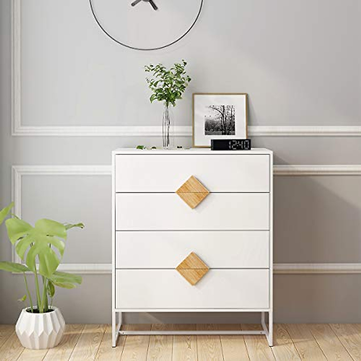 RASOO Chest of Drawers White 4 Drawer Dresser Chest Bedside Drawer Cabinet Storage for Bedroom with Special Shape Square Handle, 31.77” X 15.74” X 36.22” (LxWxH)