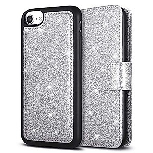 QLTYPRI iPhone 7 Plus Case iPhone 8 Plus Case Glitter PU Leather Wallet Case Detachable Magnetic Slim Case with Card Slots Kickstand 2 in 1 Design Removable Back Cover for iPhone 7P 8P - Silver