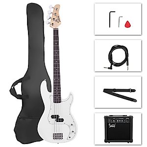 GLARRY Full Size Electric Bass Guitar with 20W AMP, 4 String Beginner Starter Kit with Accessories including Cable, Strap, Bag for Kids and Adults (White)