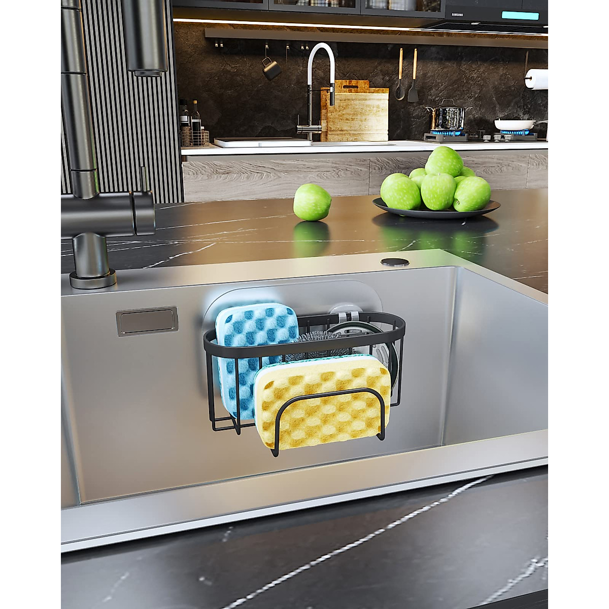 Consumest Sponge Holder with U Shape, SUS304 Stainless Steel Sponge Holder for Kitchen Sink with Adhesive 2 Hanging Way, No Drilling Sink Sponge Holder for Sponge, Brush, Sink Stopper and Steel Wool