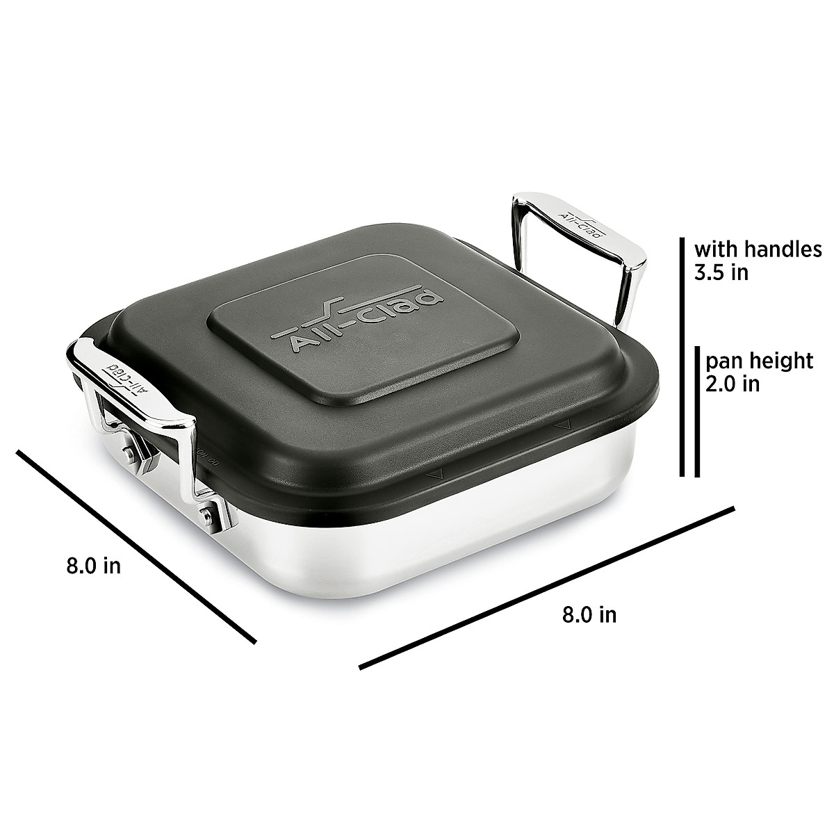 All-Clad Specialty Stainless Steel and Plastic Lid Square Covered Baking Pan 8x8 Inch Oven Broiler Safe 600F Pots and Pans Silver