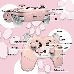 Mytrix Pink Wireless Controller for Nintendo Switch/Switch Lite, Cute Pro Controller with Macro, Wake-Up, Headphone Jack, Turbo, Motion, Vibration, Ergonomic Breathing Light, Gift for Gamer Girls Boys