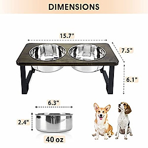 Siooko Elevated Dog Bowls Medium Sized Dog, Wood Raised Dog Bowl Stand with 2 Stainless Steel Dog Bowls, Dog Food Bowl and Dog Water Bowl Non-Slip Feet (6.1" Tall, 40 oz Bowl)
