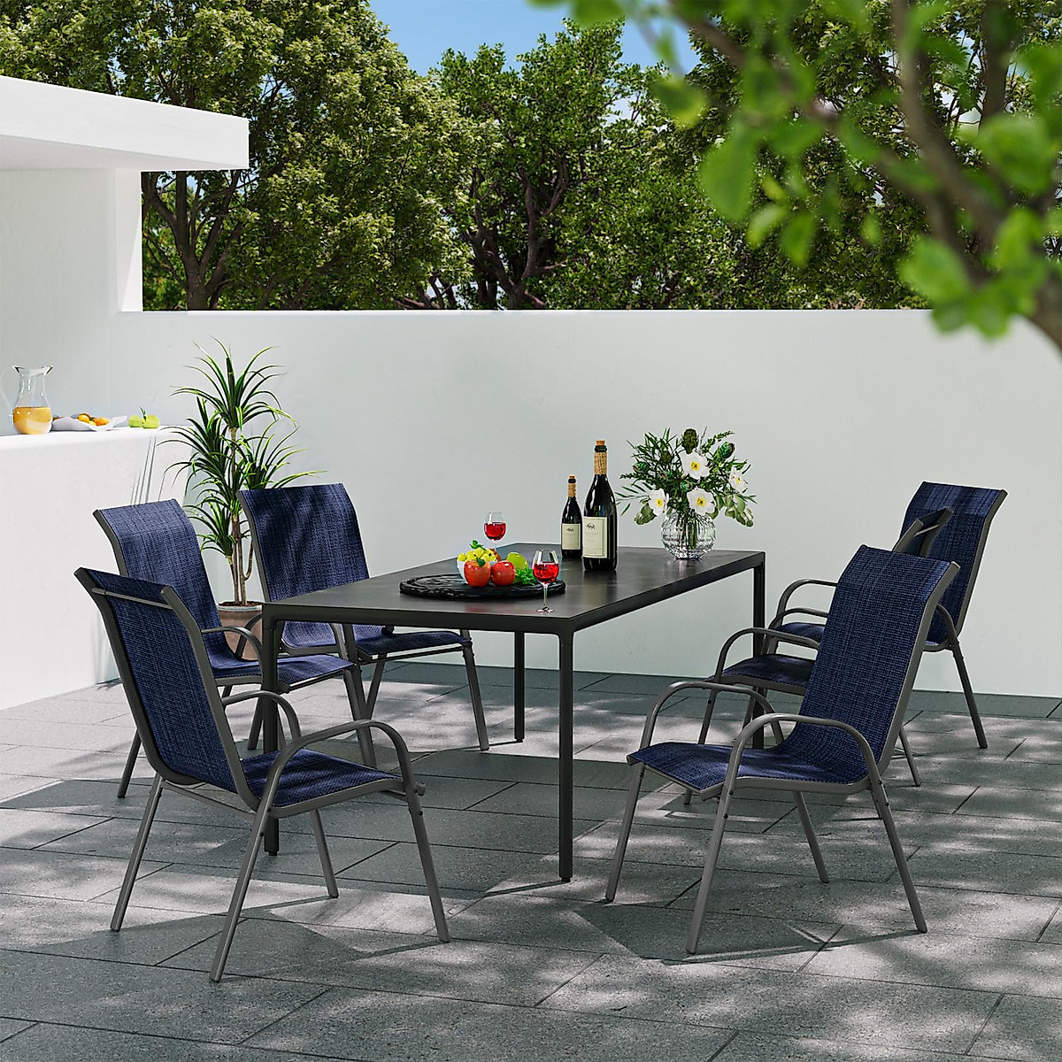 VONZOY Patio Dining Chairs Set of 6, Outdoor High Stacking Chairs，Breathable Seat Fabric and Alloy Steel Frame for Backyard, Porch, Garden, Sunroom (Blue)