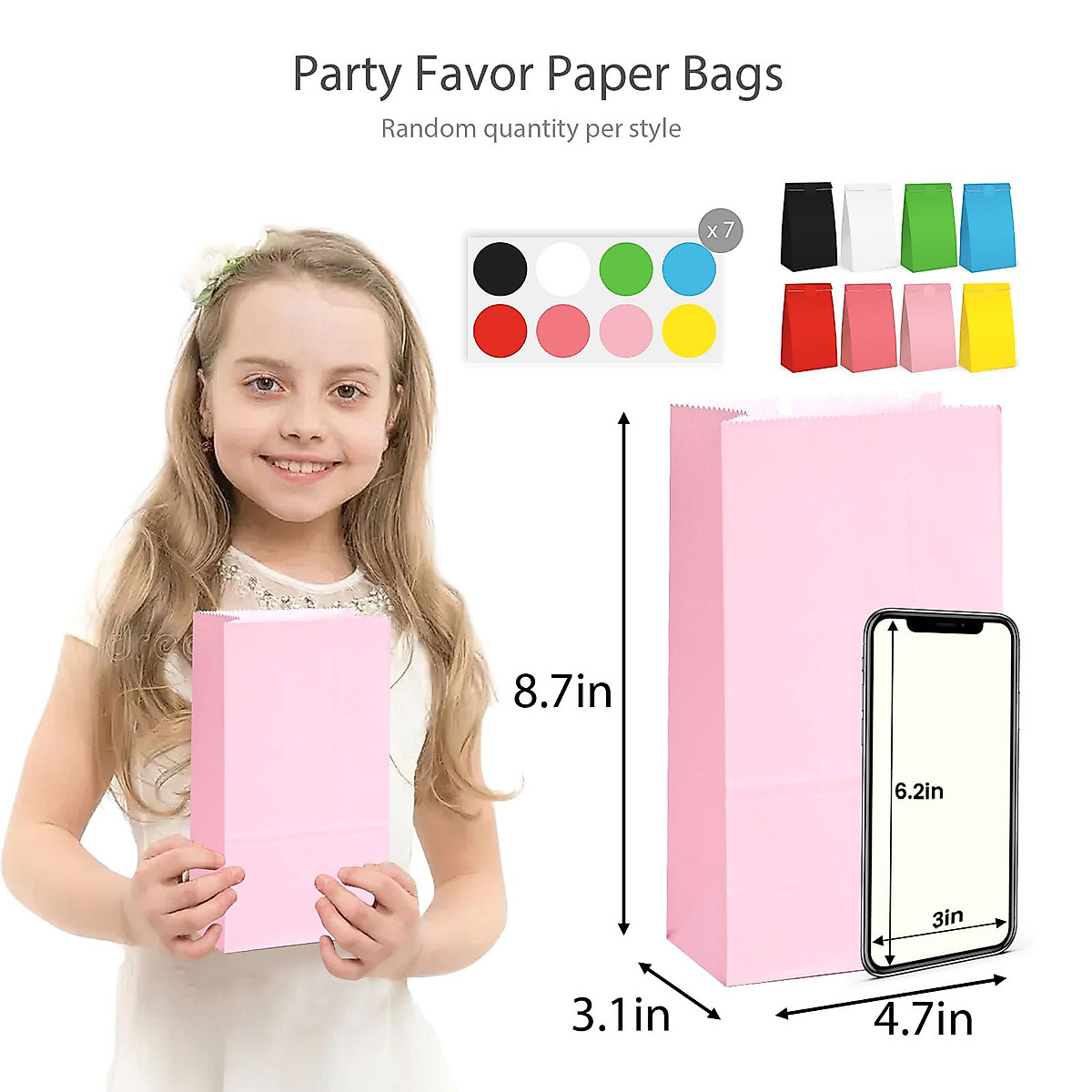 JOHOUSE 54PCS Gift Bags,Party Favor Paper Bags, Paper Bags with Stickers 8 Colors Goody Bags Treat Bag for Party Birthday Baby Shower Wedding