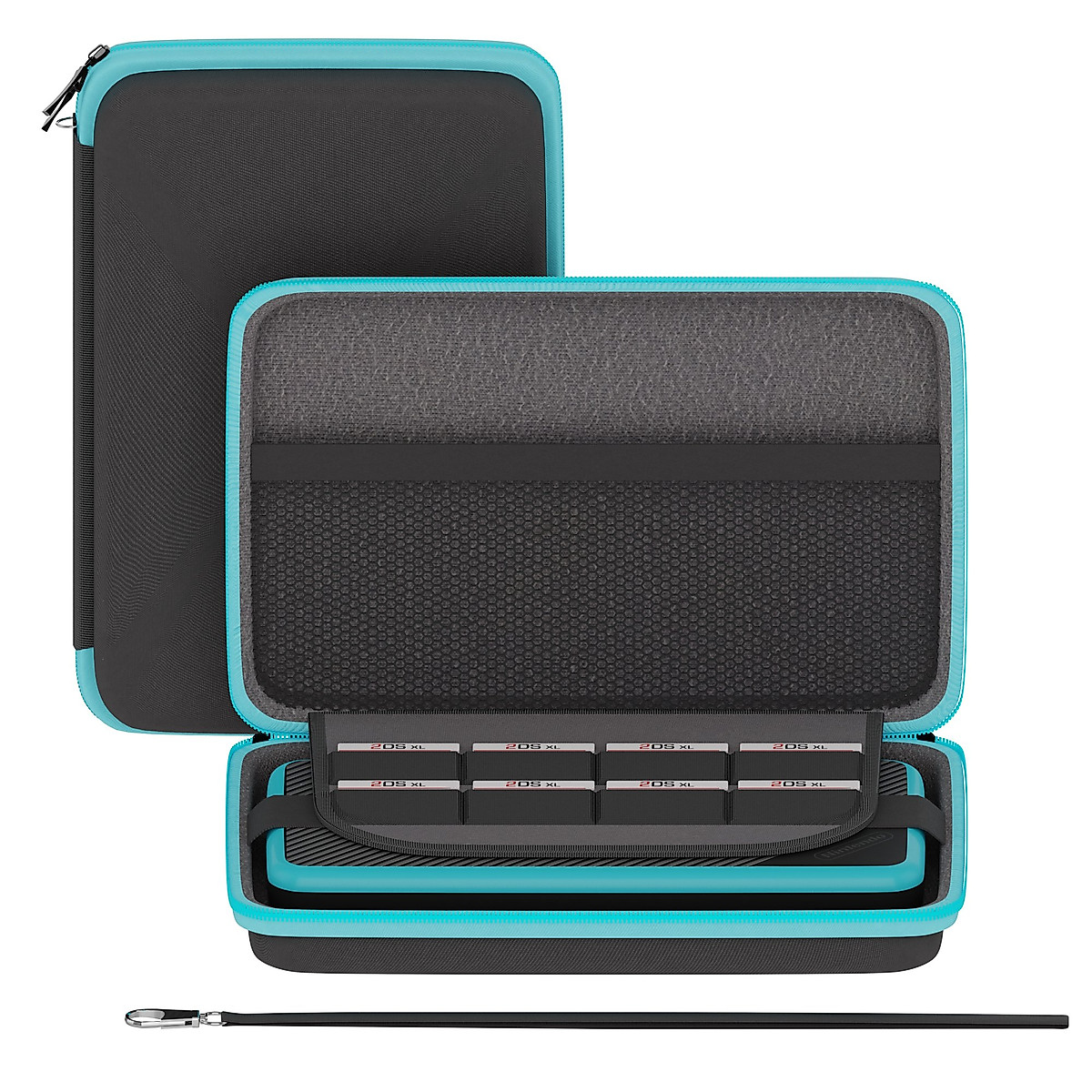 amCase Hard Carrying Case Compatible with Nintendo 2DS XL with 8 Game Cartridge Holders with Zipper Protective Travel Case (Black)