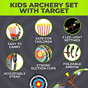 Toysery Kids Bow and Arrow Set with LED Flash Lights, Toy Bow and Arrow for Kids 8-12 Years Old - Toy Bow and Arrow Set for Boys and Girls, Includes Archery Bow, 6 Archery Arrows, Target, Quiver Green